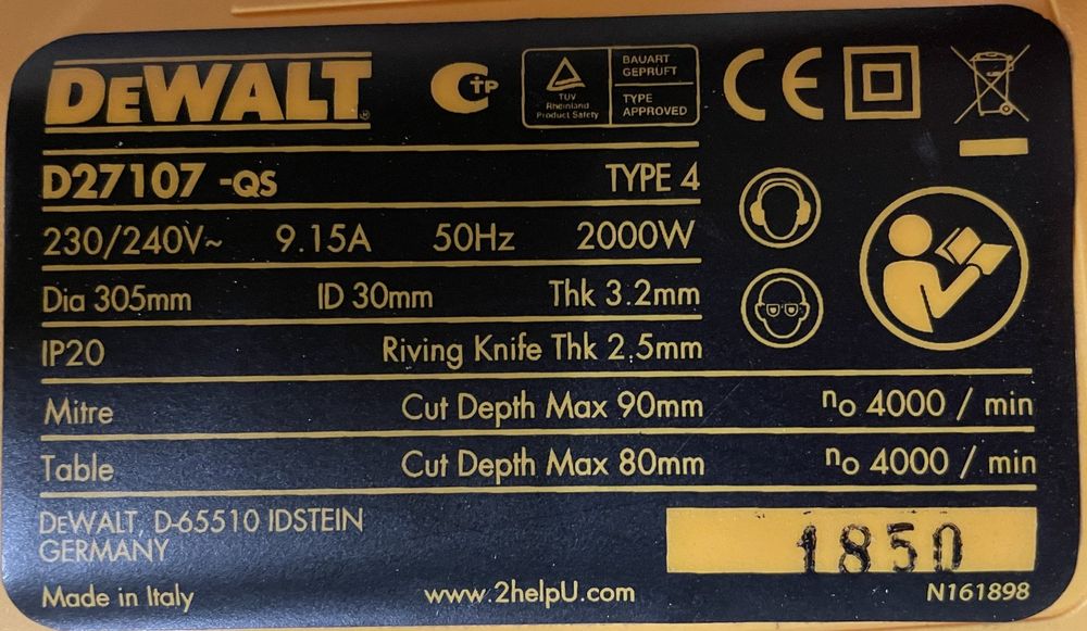 DeWalt D27107 QS Tisch-Kapp-& Gehrungssäge 305mm 2000W Power (Gebraucht ...
