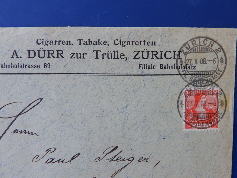 1908, 10 Rp HB auf Dürr zur Trülle Zürich, Cigarren, Tabake (Gebraucht ...