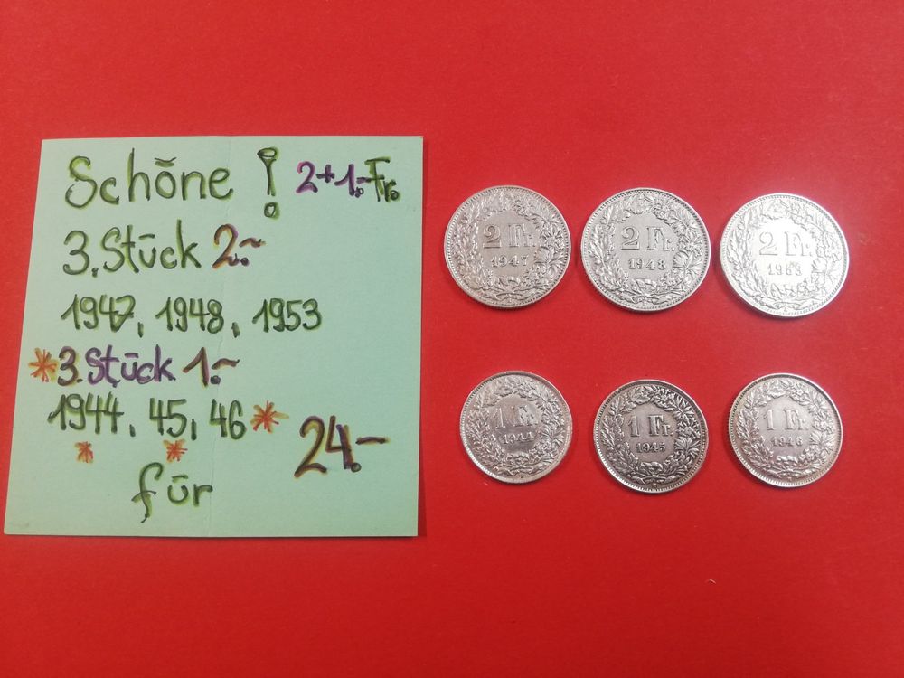 Schweizer Silbermünzen 3x 2Fr. 1947/48/53 3x 1Fr. 1944/45/46 (Gebraucht) in Engi für CHF 24 ...