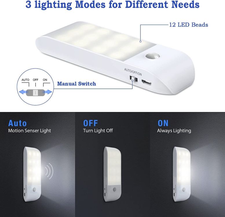 2 LED Nachtlicht mit Bewegungsmelder Aufladbar Schranklicht (Neu und originalverpackt) in ...