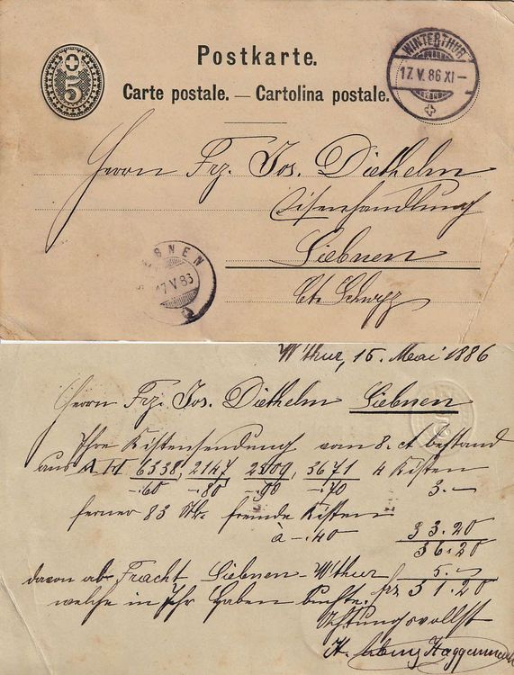 1886 Postkarte Winterthur-Siebnen (Gebraucht) in Arlesheim für CHF 5 – mit Lieferung auf Ricardo ...