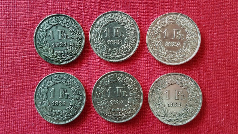 6 x 1 Fr rare Silbermünzen 1931-1932-1934-1936-1937-1939 (Gebraucht) in Camignolo für CHF 17 ...