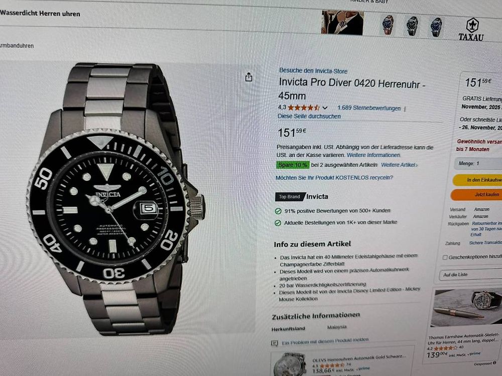 INVICTA Pro Diver 420 Herrenarmbanduhr - Neu (Gebraucht) in Frauenfeld ...