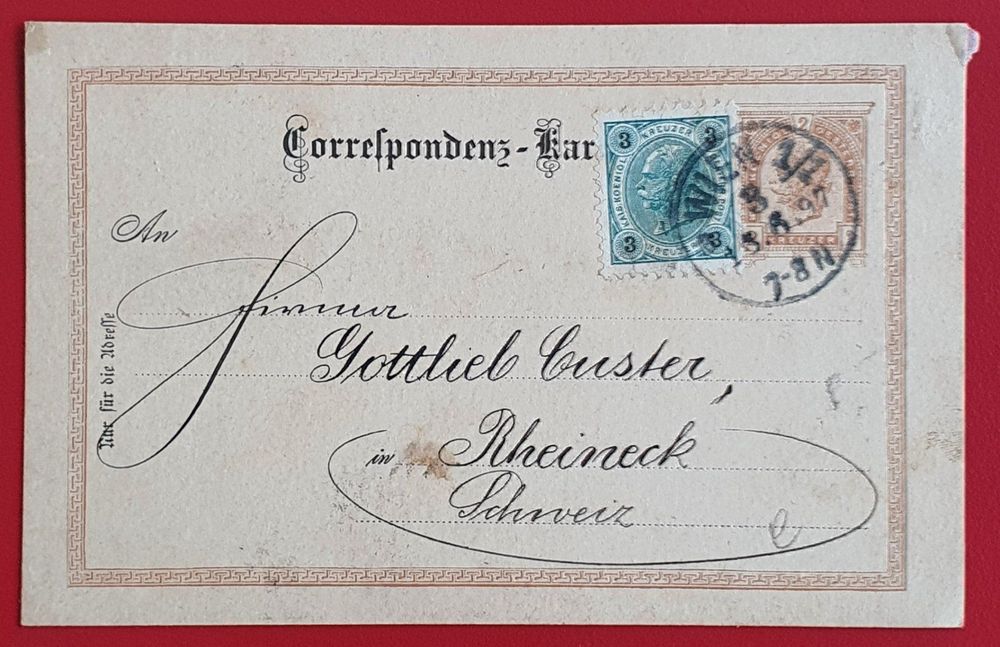ÖSTERREICH WIEN POSTKARTE CUSTER ANKUNFTSST. RHEINECK 1897 (Gebraucht) in Düdingen für CHF 5 ...