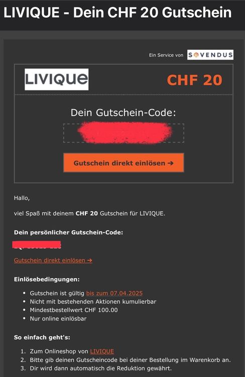 LIVIQUE - CHF 20 Gutschein (Neu und originalverpackt) in St. Gallen für CHF 2 – nur Abholung auf ...