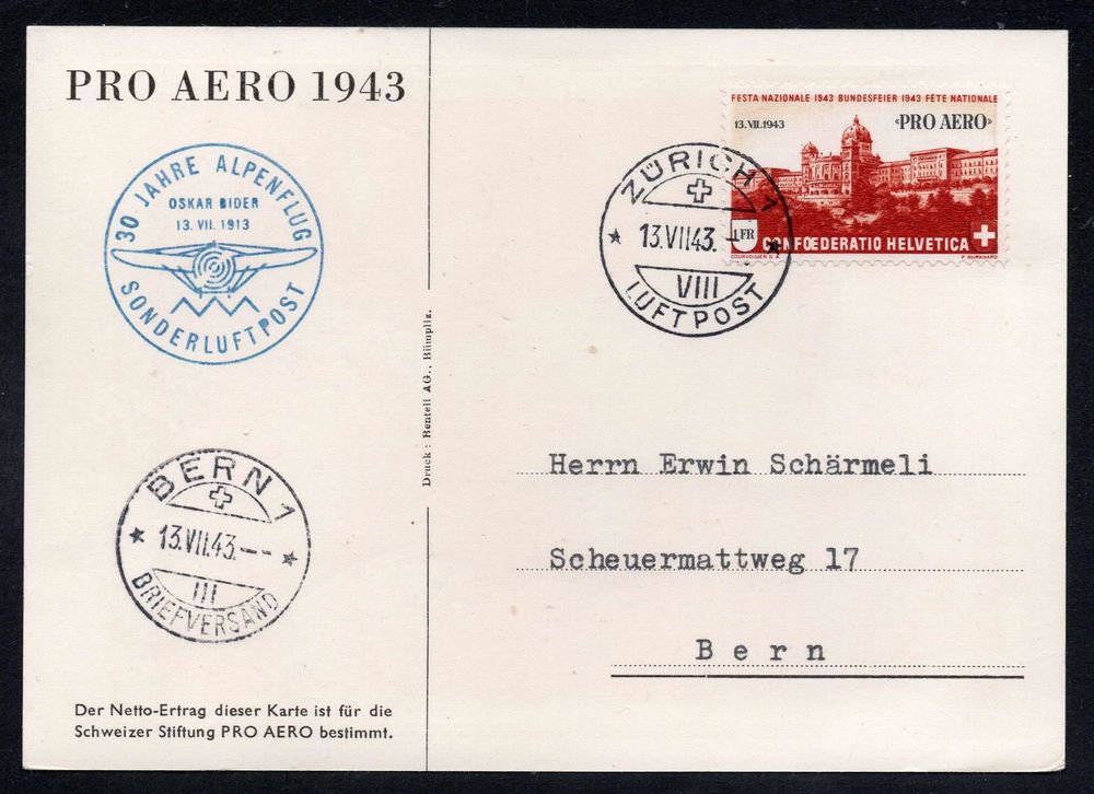 1943 Karte Pro Aero Flug Zürich - Bern (Gebraucht) in Arlesheim für CHF 1 – mit Lieferung auf ...