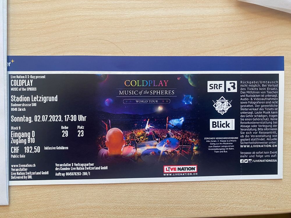 Coldplay Sitzplatzticket, 02.07.23 (Neu und originalverpackt) in Baar ...