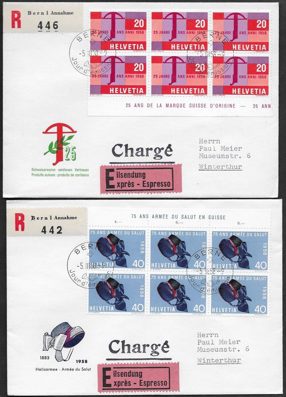 1958 WERBE 4 R/Ex. FDC illust. BERNE Serie 6er-Block ab 1.- (Gebraucht ...