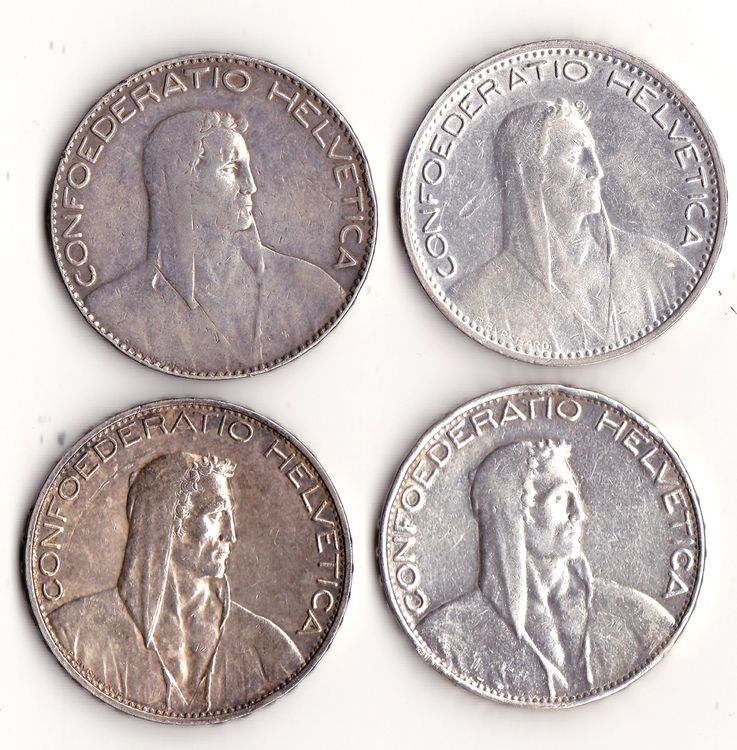 5 FRANKEN 1922+1923+1925+1926 SILBER SELTEN 4 TOP MÜNZEN !!! (Gebraucht) in Aurigeno für CHF 450 ...