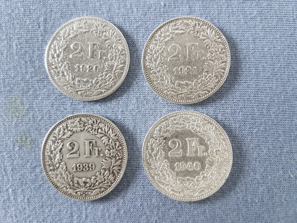 4 x 2 Fr Silbermünzen 1920 - 1921 - 1939 - 1940 ab nur 1 Fr! (Gebraucht) in Camignolo für CHF 22 ...