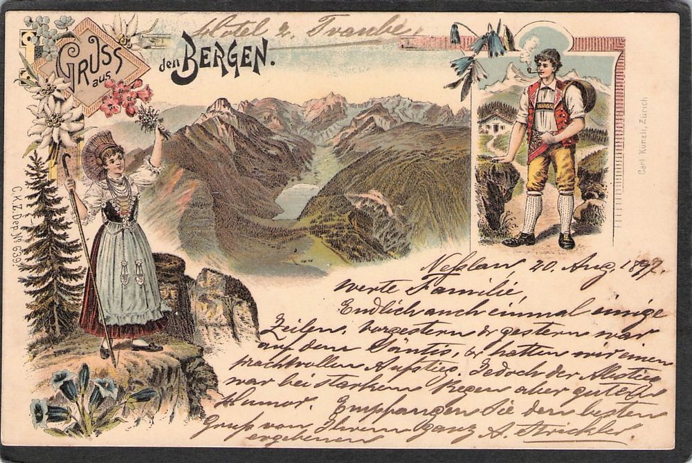 #Lithografie Gruss aus den Bergen , gel.1897 | Kaufen auf Ricardo