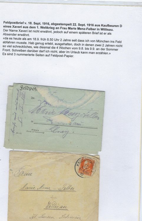 Willisau 1916 Feldpost an Marie Menz-Felber aus 1. Weltkrieg (Gebraucht ...