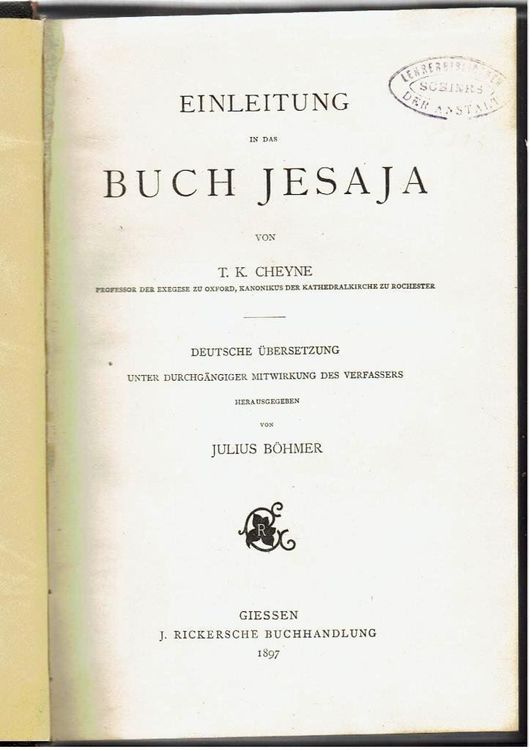 Einleitung in das Buch Jesaja T.K. Cheyne, 1897 (Gebraucht) in Flims - Dorf für CHF 30 – nur ...