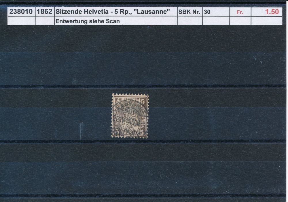 1862 Sitzende Helvetia - 5 Rp., SBK Nr. 30, "Lausanne" (Gebraucht) in Winterthur für CHF 1.5 ...