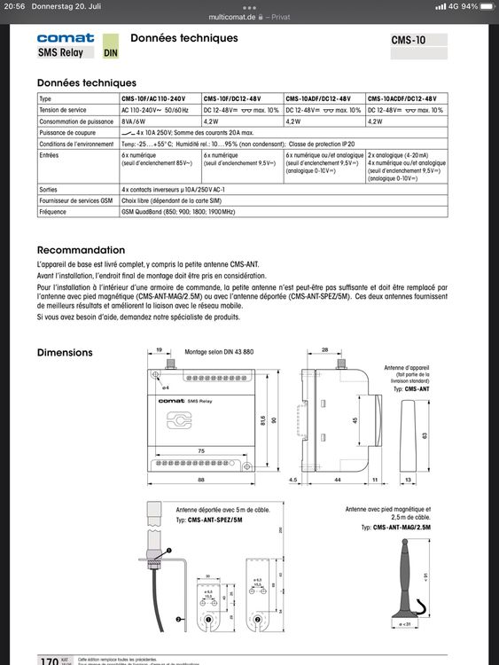 Comat SMS Relay CMS-10ADF/DC 12-48V und Siemens Logo Power (Gebraucht ...