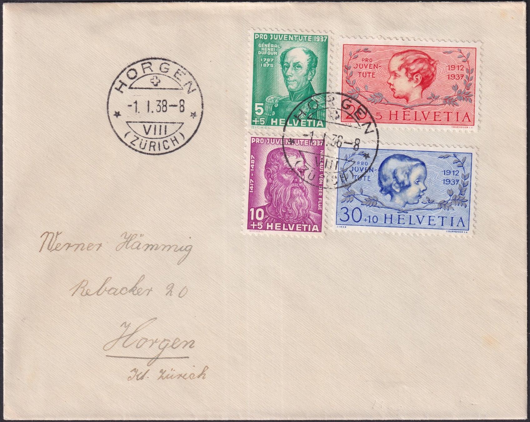 1937, Briefumschlag mit J81-J84 HORGEN 1.JAN.38, Kat: 30.-+ (Gebraucht ...