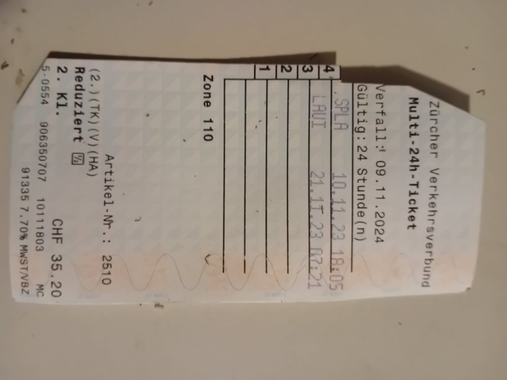 Multi-24h-Ticket Zone 110 Reduziert mit noch 4 Fahrten (Gebraucht) in Zürich für CHF 18 – mit ...