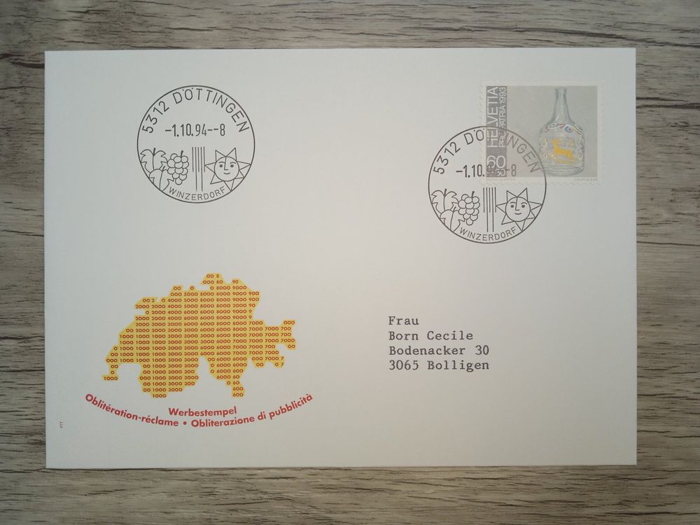 TR37 Enveloppe + Timbre Suisse 1994 (Gebraucht) in Cousset für CHF 0.6 – mit Lieferung auf ...