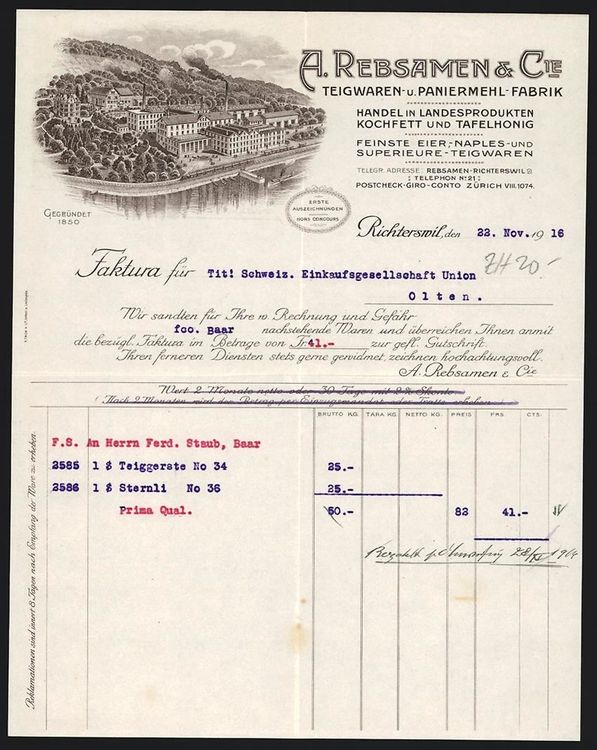 Rechnung Richterswil 1916, A. Rebsamen, | Kaufen auf Ricardo