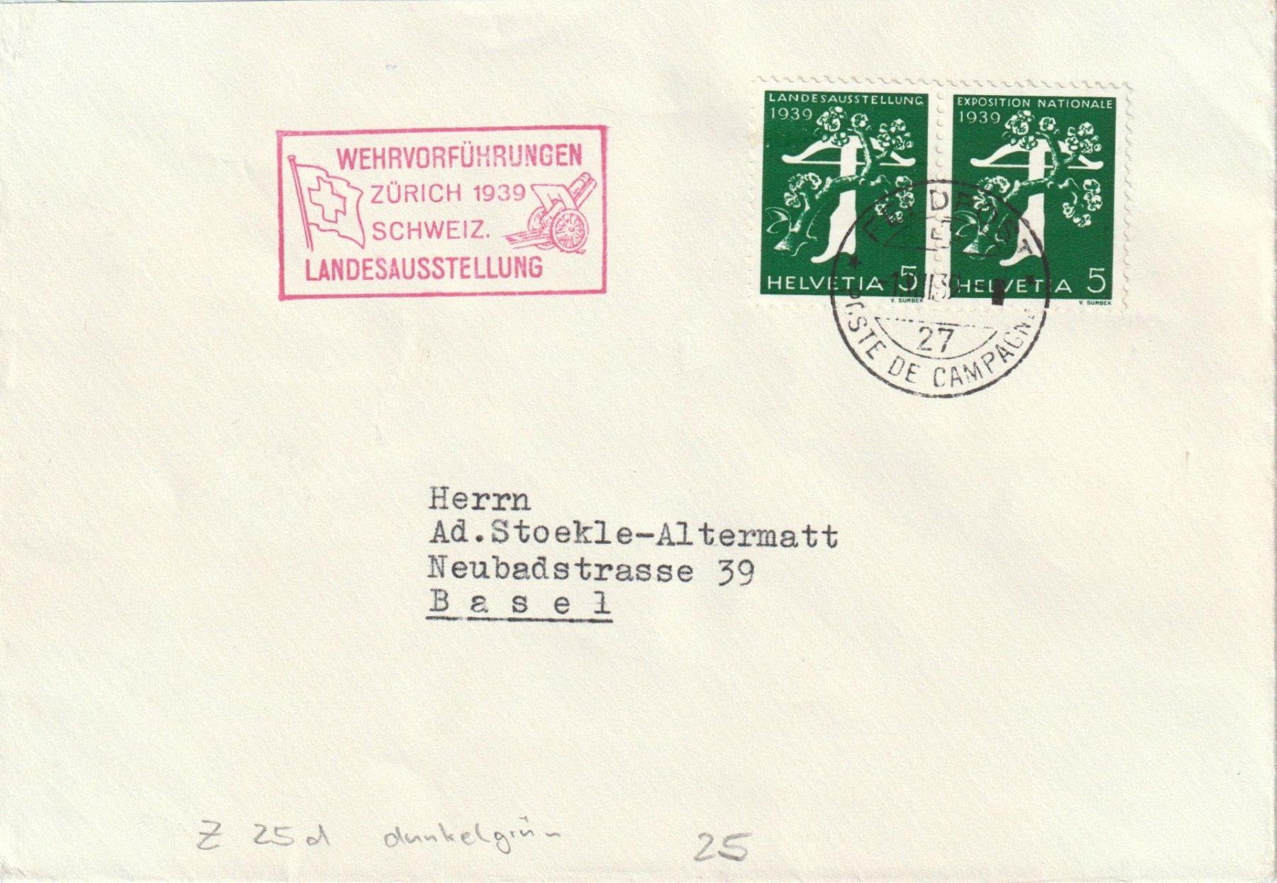 Brief Wehrvorführung 1939, 2 x 5 Rp Zus-Druck u Feldpostentw (Gebraucht ...