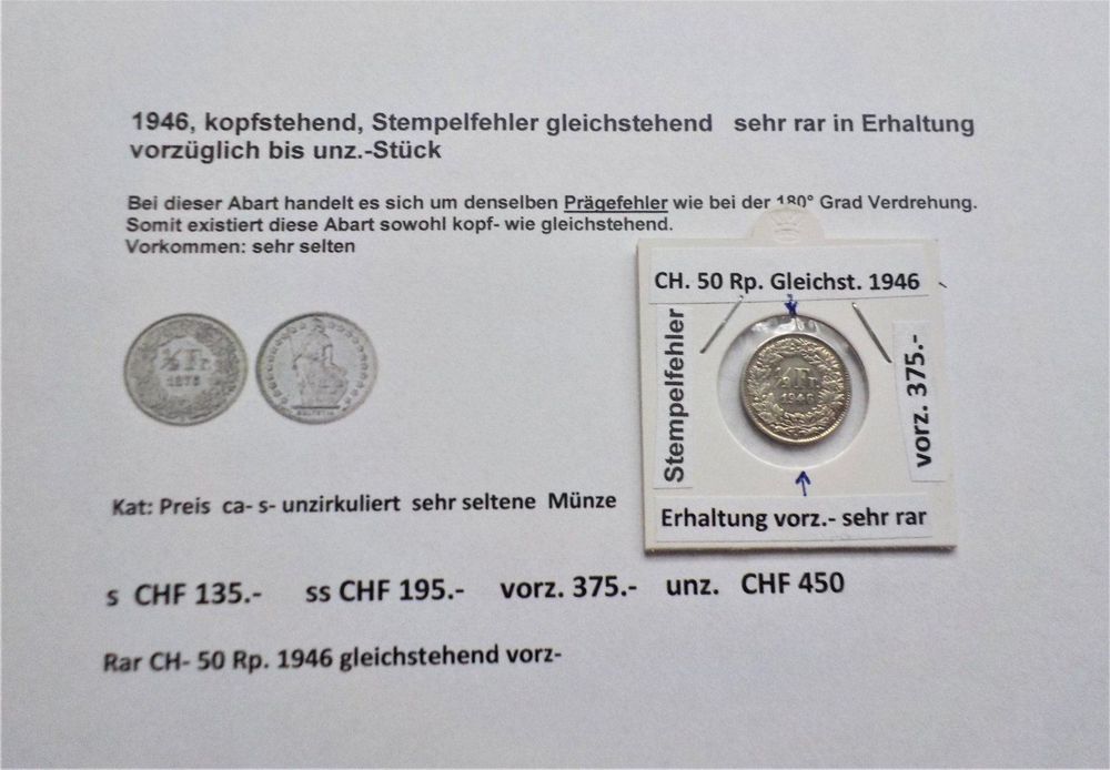 Prägefehler CH- 50 Rp.1946 gleichstehend (Gebraucht) in Glis für CHF 103 – mit Lieferung auf ...