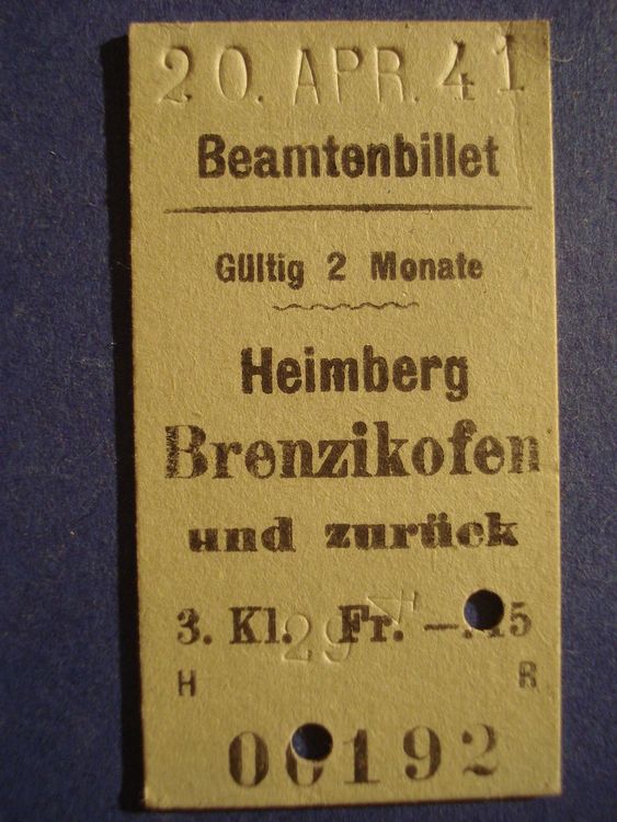 SBB - EBT - 20.4.1941 - HEIMBERG - BRENTIKOFEN - 3.Klasse (Gebraucht) in Biel/Bienne für CHF 22 ...