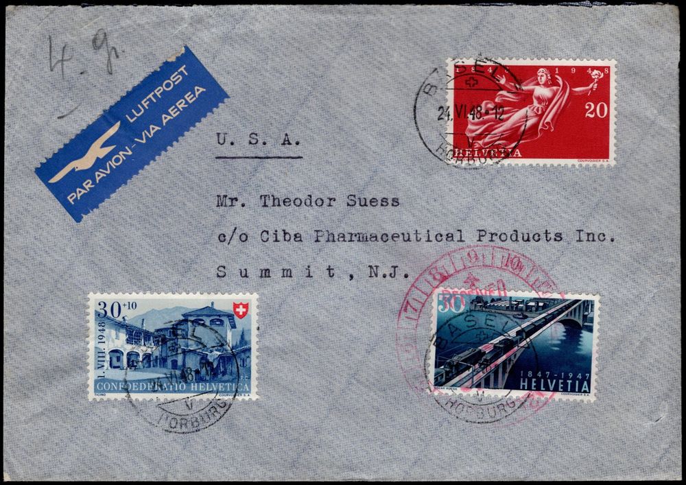 Flugpostbrief 1948 Basel-USA mit Pro Patria 30c (Gebraucht) in Horw für CHF 10 – mit Lieferung ...