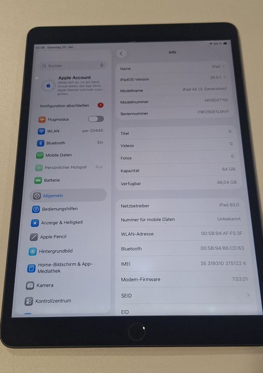 Apple iPad Air 3 - 64GB - WiFi + Cellular - Glas defekt (Defekt) in ...