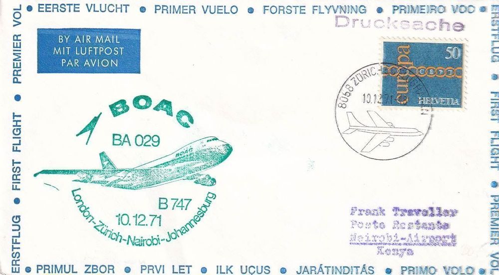 Erstflug BOAC Zürich - Nairobi 1971 (nur 45 Stk. befördert!) | Kaufen ...