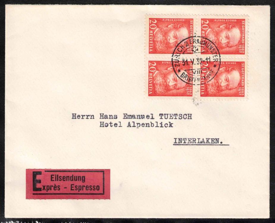 1932 Alfred Escher im Viererblock auf FDC (Neu (gemäss Beschreibung)) in Nuglar für CHF 15 – mit ...