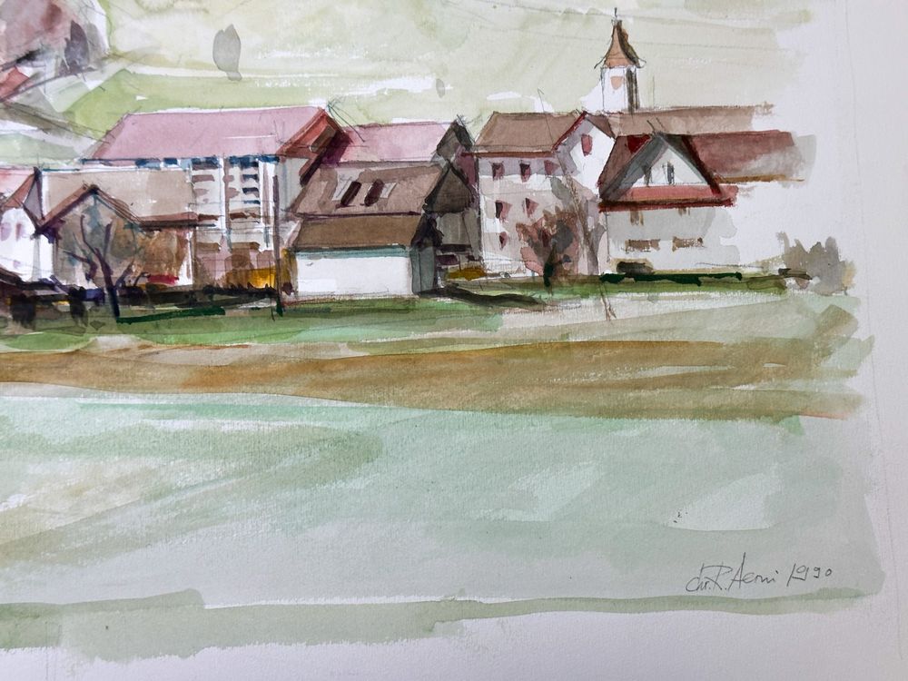 Christoph R. Aerni 1990 Aquarelle sur carton paysage village (Gebraucht) in Morges für CHF 100 ...