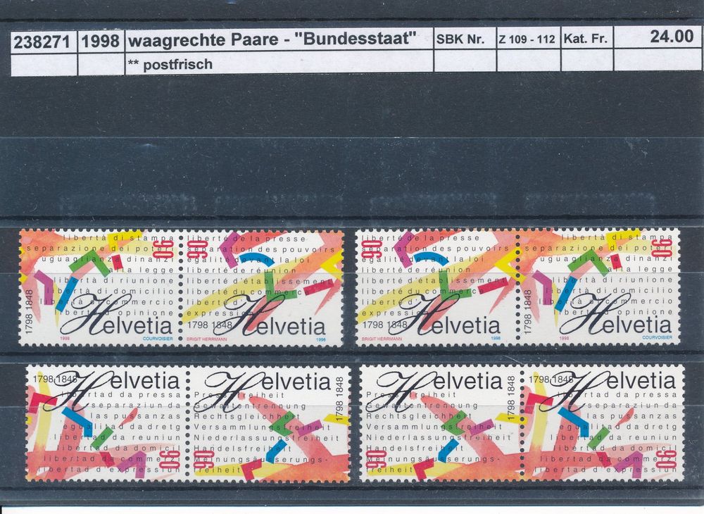 1998 "150 Jahre Bundesstaat" - Zusammendruck (Neu (gemäss Beschreibung)) in Winterthur für CHF 7 ...