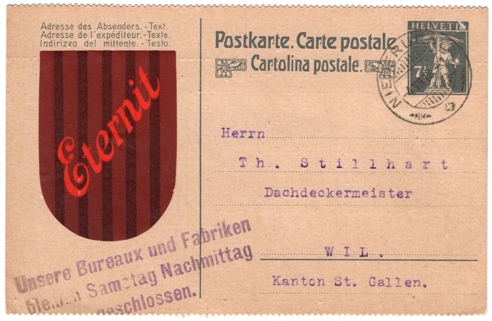 rare waagrecht gezähnte 7 1/2 Rp. Postkarte von NIEDERURNEN | Kaufen ...