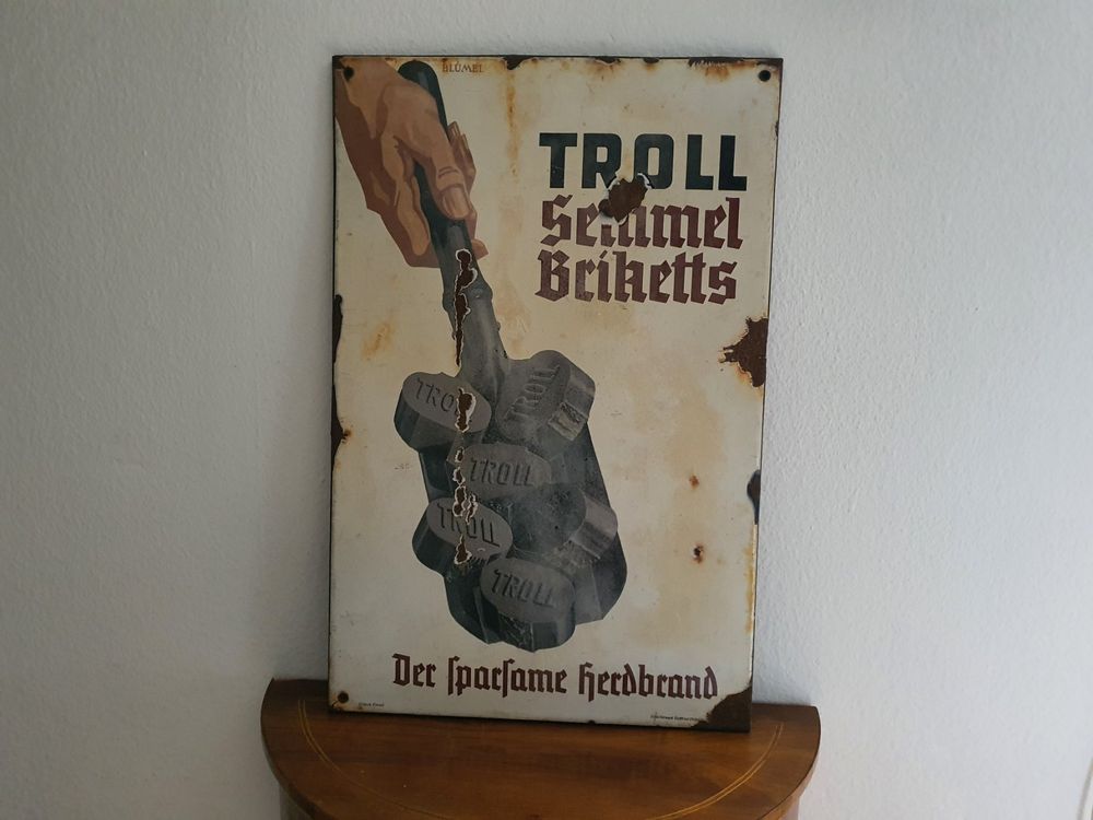 Altes grosses Emailschild Troll Briketts Emaille Schild 30er (Gebraucht ...