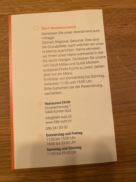 2:1 Gutschein für Business-Lunch in Künten-Sulz (Neu (gemäss Beschreibung)) in Liestal für CHF 1 ...