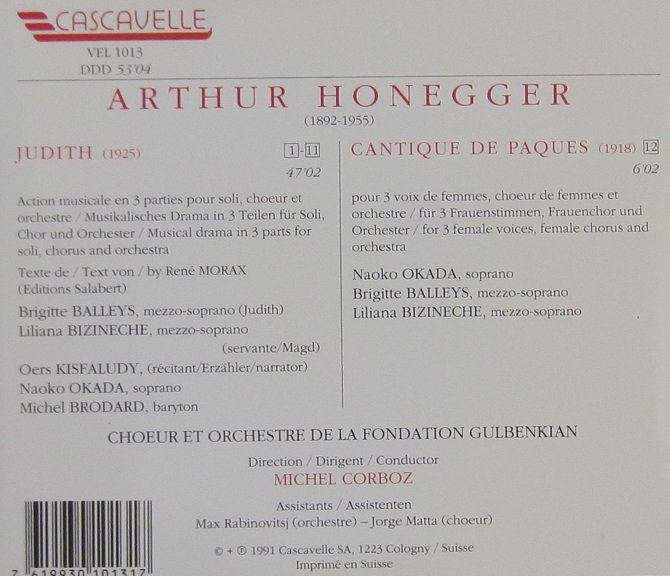 Arthur Honegger - Judith /Cantique de Paques (Michel Corboz) | Kaufen ...