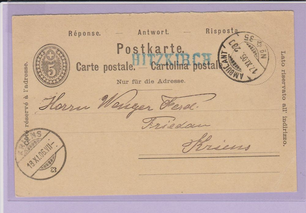 HITZKIRCH - blauer Stabstempel auf PK von 1906 (Gebraucht) in Vitznau für CHF 8 – mit Lieferung ...