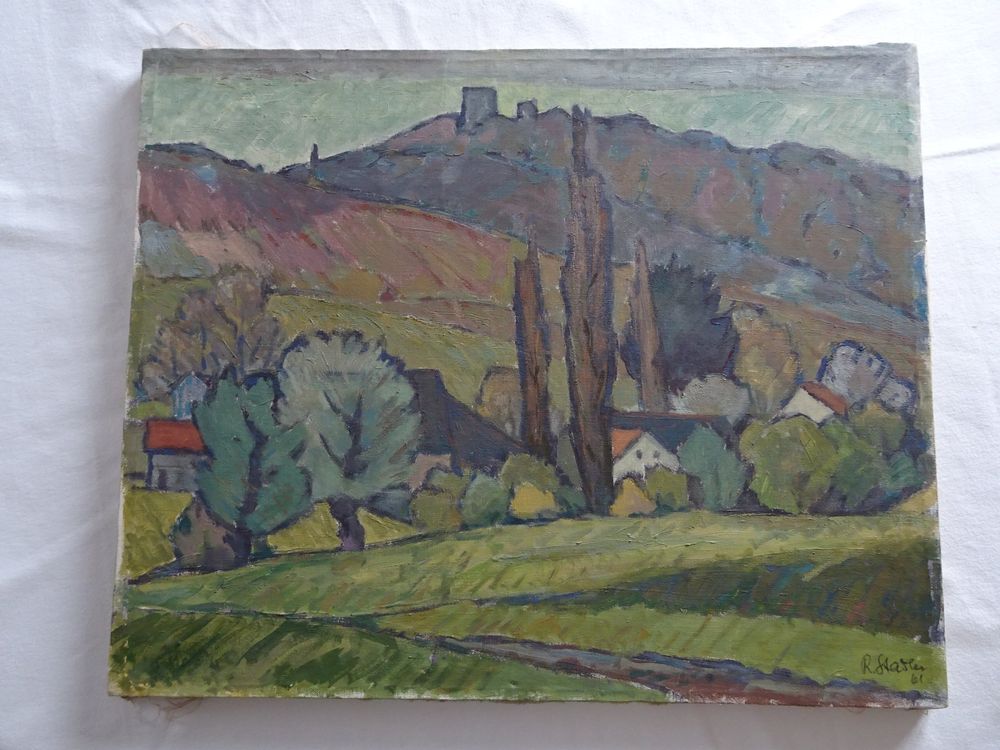 Rudolf Stadler Oelbild Weiler und Burgruine im Hintergrund | Kaufen auf ...