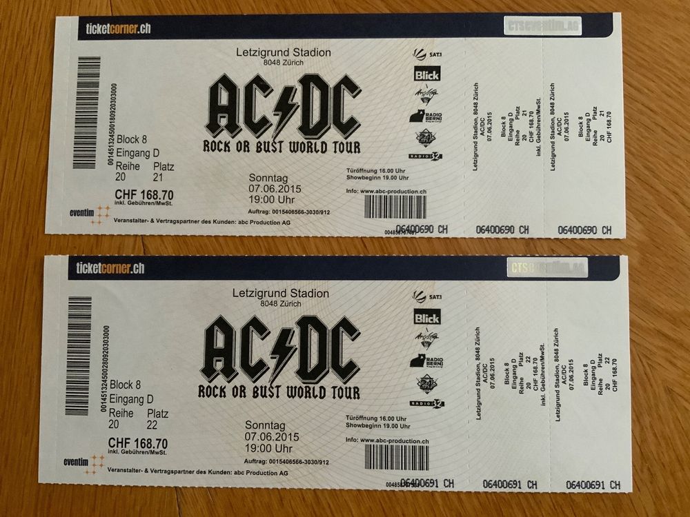 2x AC/DC Tickets Letzigrund Stadion Zürich 07.06.2015 (Gebraucht) in ...