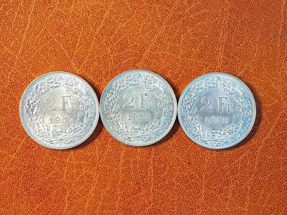 2 Franken 1957, 1958 und 1959 kaum zirkuliert / 3 Stück (Neu (gemäss Beschreibung)) in Worb für ...