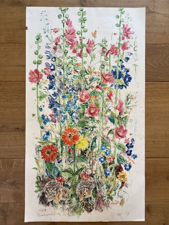 Grosses Fritz Hug Original Bild 1972 Blumenwiese mit Igeln (Gebraucht ...