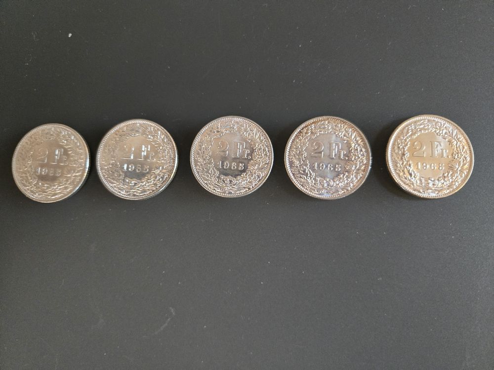 5x 2 Franken 1965, Silbermünzen Schweiz mit Stempelglanz (Gebraucht) in Bern für CHF 29 – mit ...
