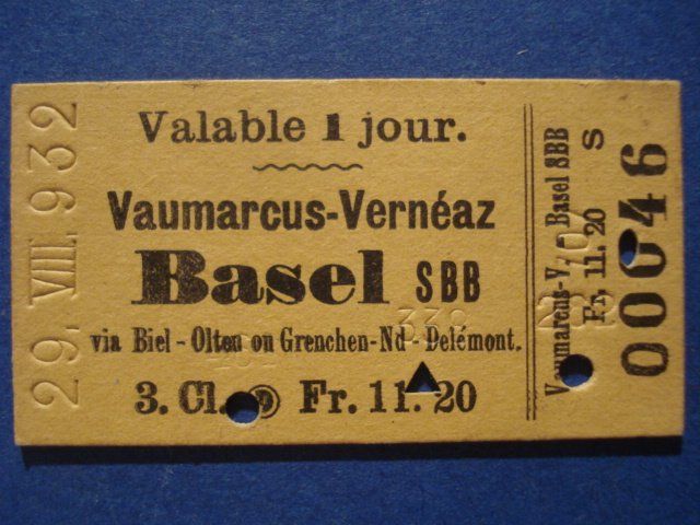 SBB - 29.8.1932 - VAUMARCUS-VERNÉAZ - BASEL SBB - 3.Classe (Gebraucht) in Biel/Bienne für CHF 82 ...