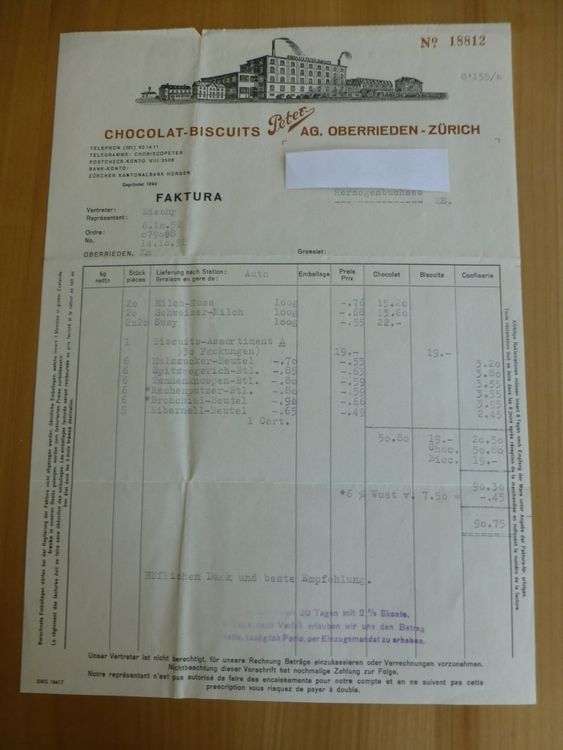 Oberrieden- Zürich Peter AG Chocolat, 1952 | Kaufen auf Ricardo