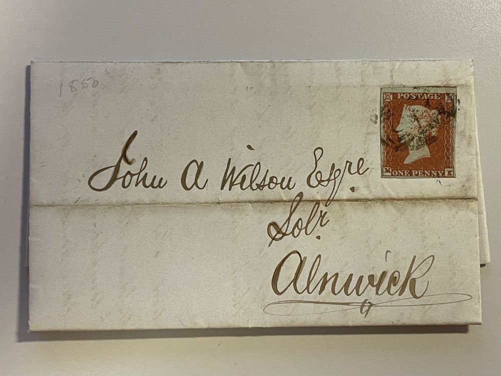 1850 QV Newcastle Letter 1d Red Imperf Stamp 4 to Alnwick (Gebraucht ...