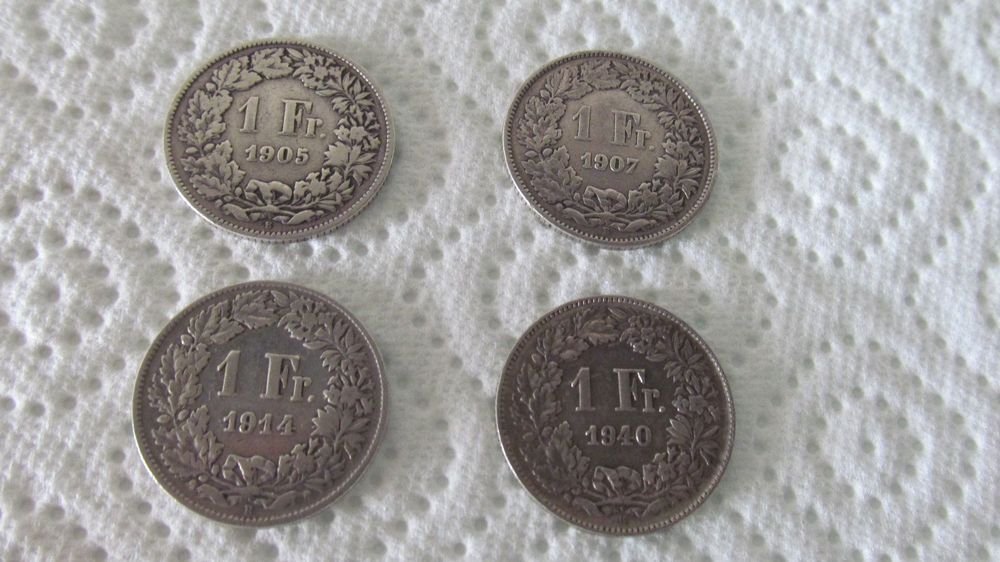 4 mal Schweiz 1 Franken, 1905, 1907, 1914, 1940 Top (Gebraucht) in Winkel für CHF 10 – mit ...