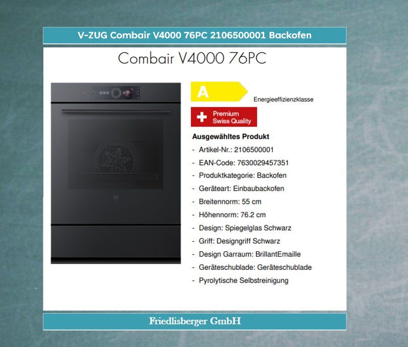 V-ZUG Backofen CH-Norm Combair V4000 76PC 2106500001 (Neu und ...