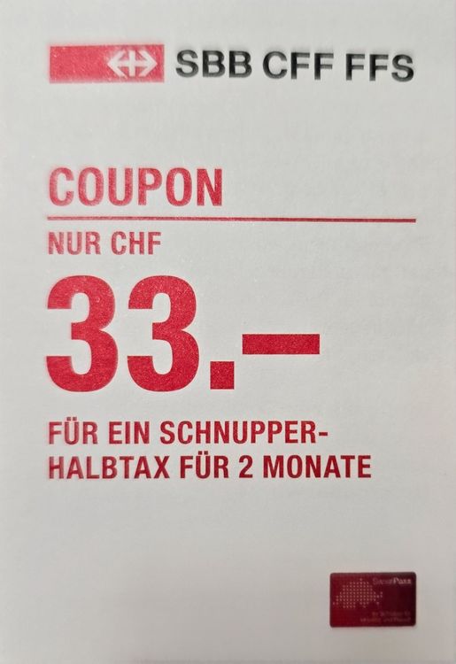 Gutschein Halbtax Abo für 33.00 Franken 2 Monate SBB CFF FFS (Neu ...