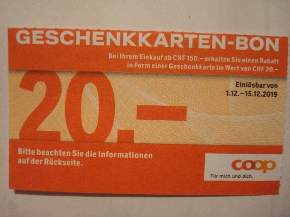 Geschenkkarten Bon CHF 20.ab Einkauf 150 (Neu und originalverpackt) in Arlesheim für CHF 2 – mit ...