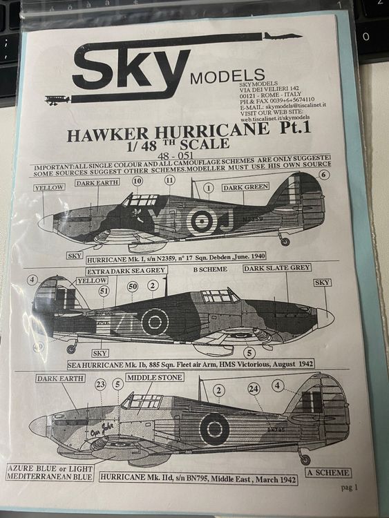 1/48 HAWKER HURRICANE PART 1 DECALS (Gebraucht) in MÜHLEDORF/SO für CHF ...